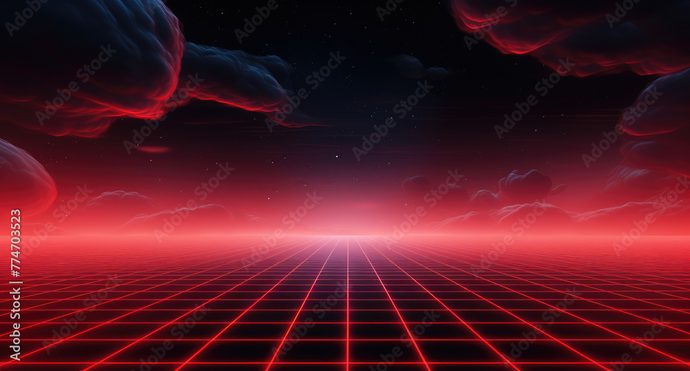 Synthwave background. Dark Retro Futuristic backdrop with blue perspective grid and sky full of ...