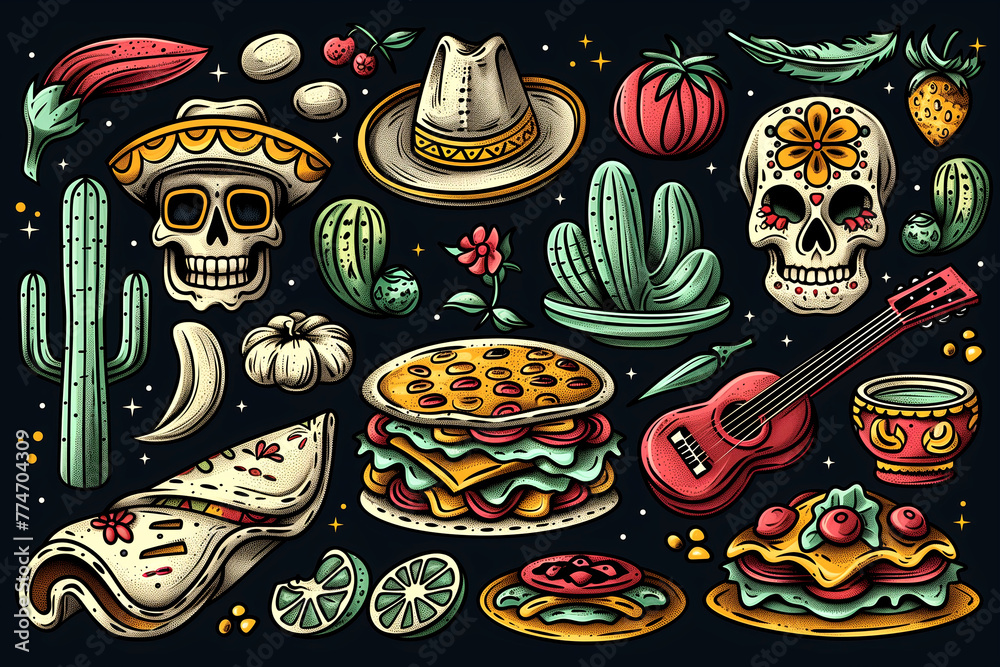 Cartoon mexican banners. Traditional Mexican symbols: chili, sugar ...