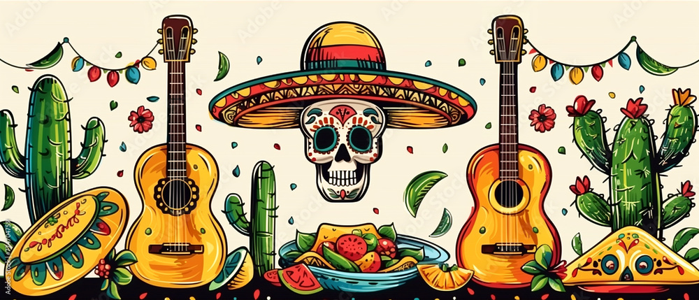 Cartoon mexican banners. Traditional Mexican symbols: chili, sugar ...