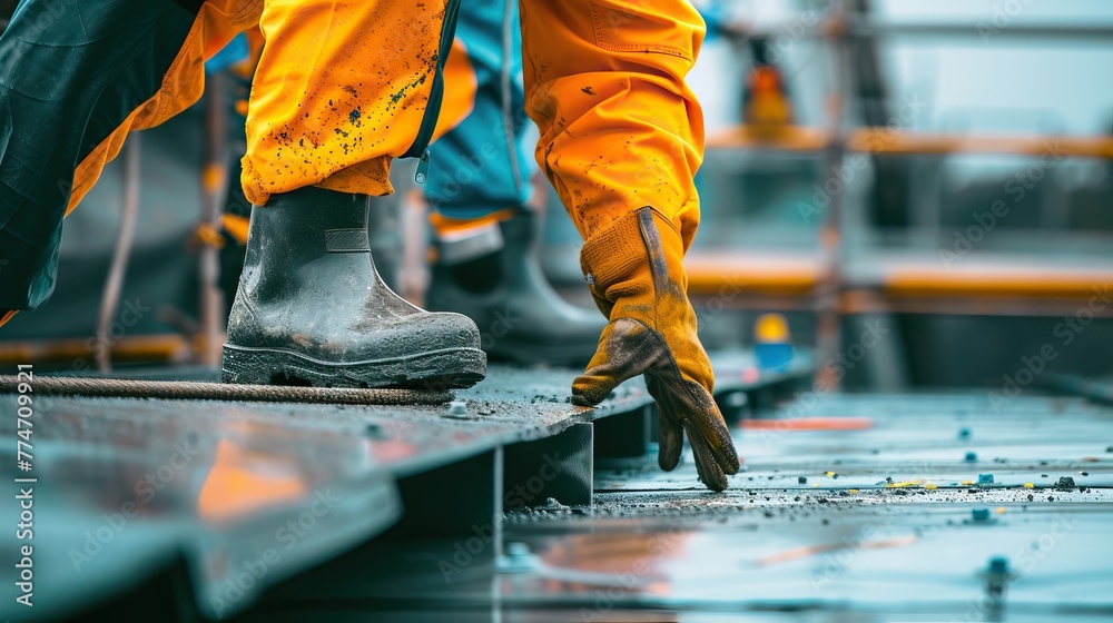 Builders work with rebars on a construction site. Construction of ...
