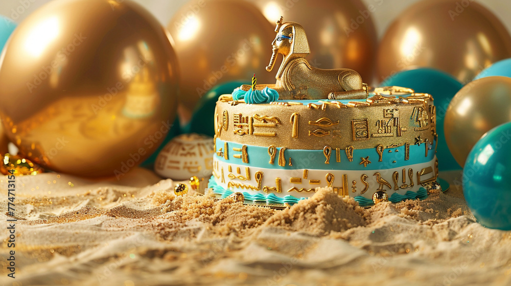 An ancient Egyptian themed birthday cake with gold and turquoise icing ...