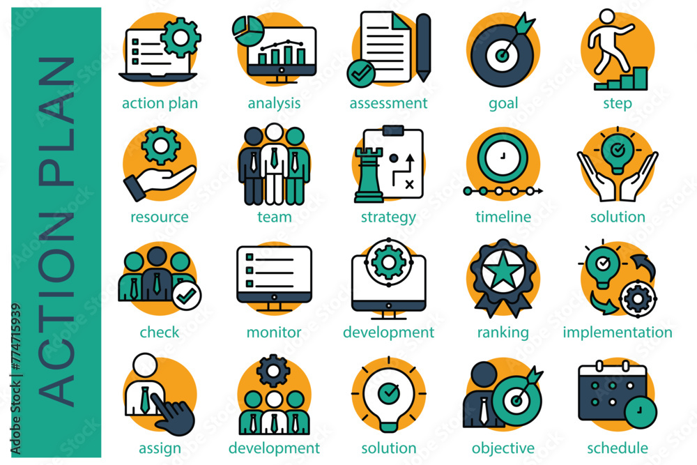 Action plan icon set. containing action plan, analysis, assessment ...
