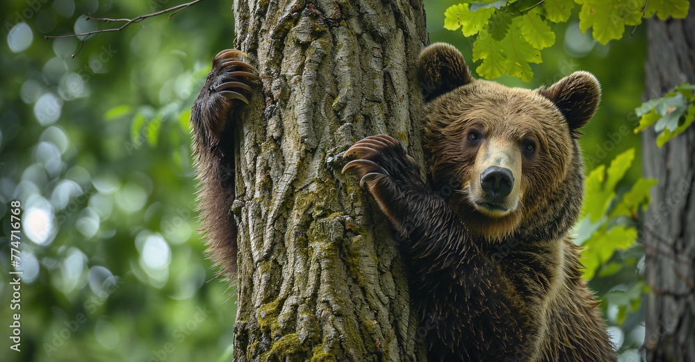 Bear Hug - A brown bear hugging a tree trunk, capturing the essence of ...