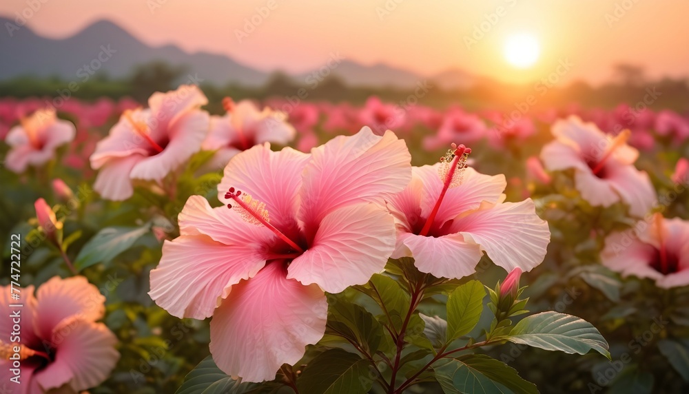 Beautiful of blooming pink hibiscus flower against sunset golden light ...