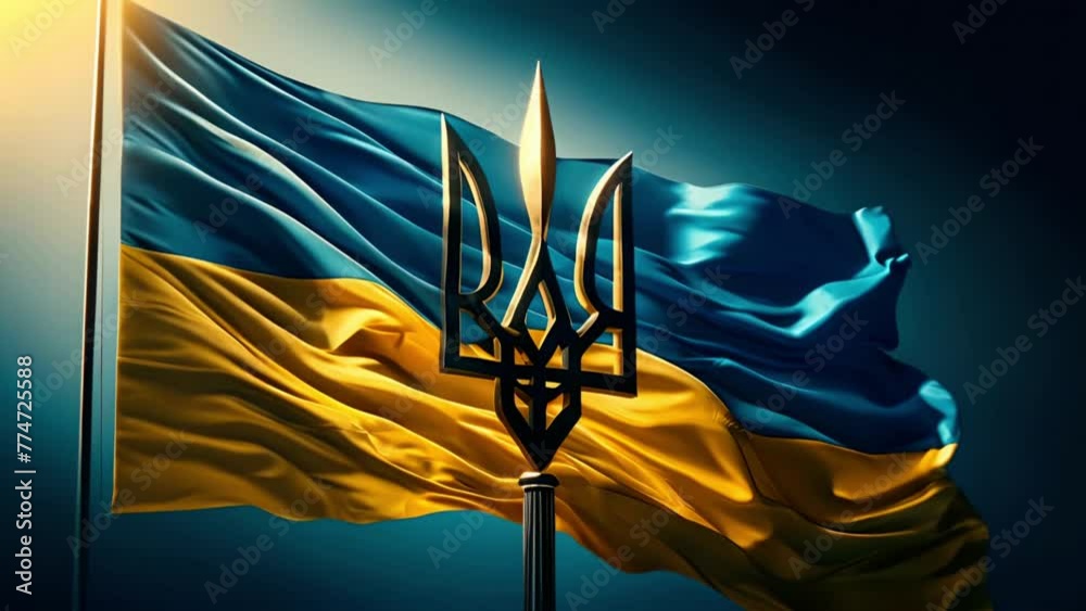 The emblematic trident stands proudly before a billowing Ukrainian flag ...
