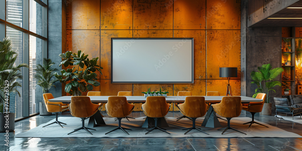 a big tv with a blank screen on the wall of a modern, empty conference ...