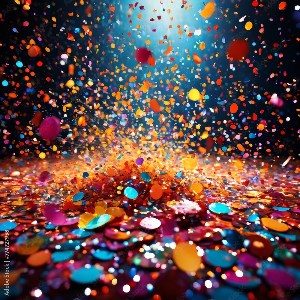 An explosion of vibrant, multi-hued confetti raining down in a dynamic and enigmatic ...