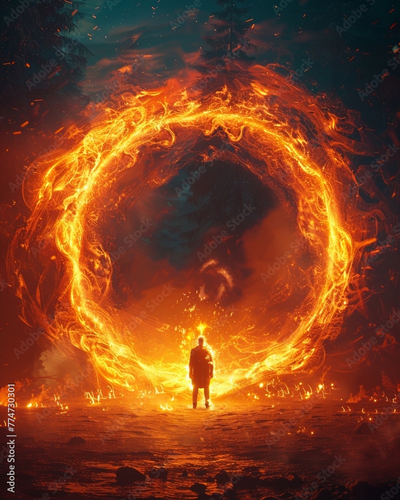 Man emerging from ashes within a ring of fire, rebirth ceremony ...