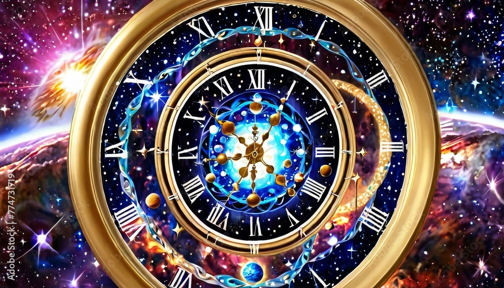 An ornate clock superimposed on a vibrant cosmos, with celestial bodies ...