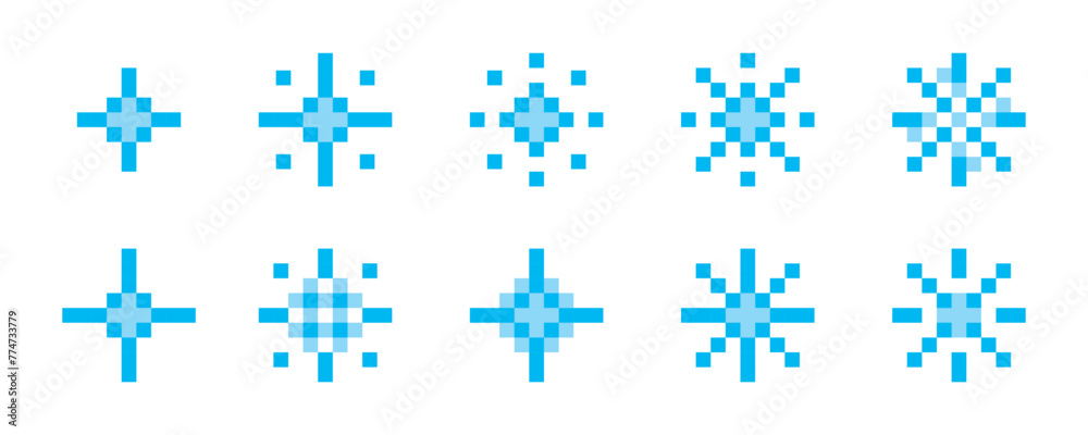 Pixel star set. Shiny stars pixel art icon set. 8-bit stars. Pixelated stars. Sparkling stars ...