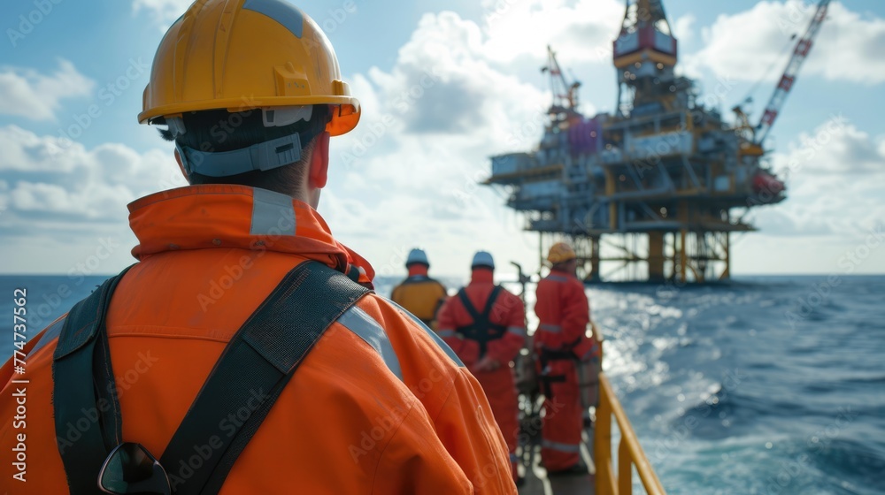 Oil workers, wearing helmets and personal protective equipment, stand ...