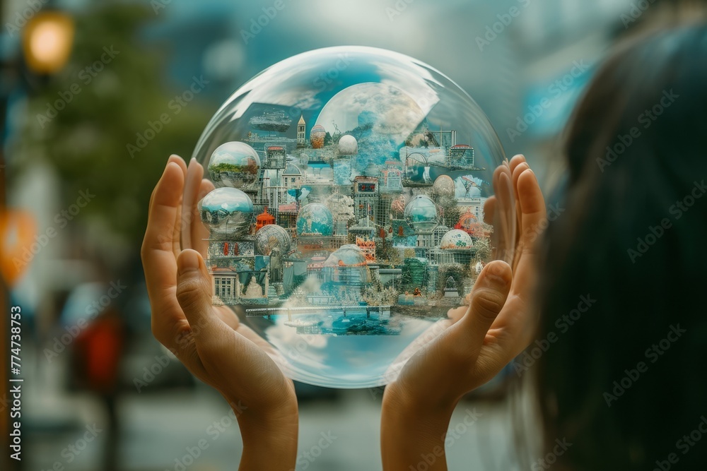 Person holding a thought bubble filled with miniature scenes ...