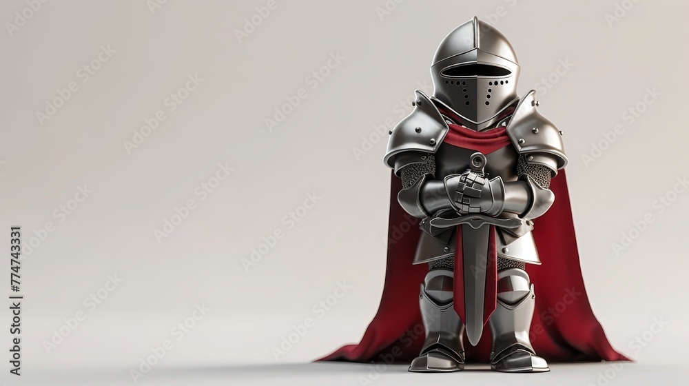 A knight in full armor is sitting on a white background. The knight is ...