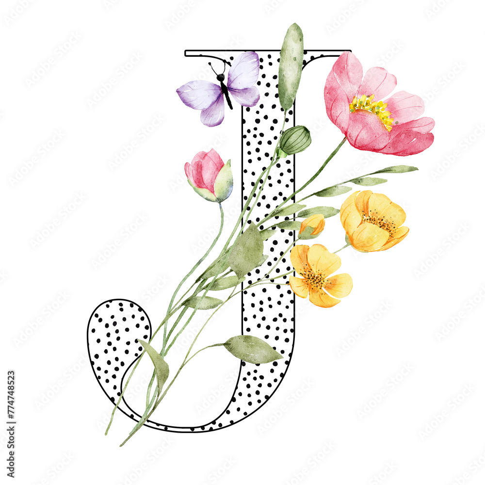 Letter J with watercolor flowers and leaf. Monogram initial, letterhead ...