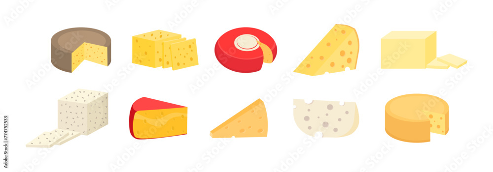 Set of cheese wheels and slices isolated on a white background. Various ...