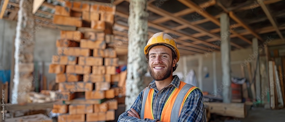 This portrait shows a happy bricklayer at a construction site. Content ...