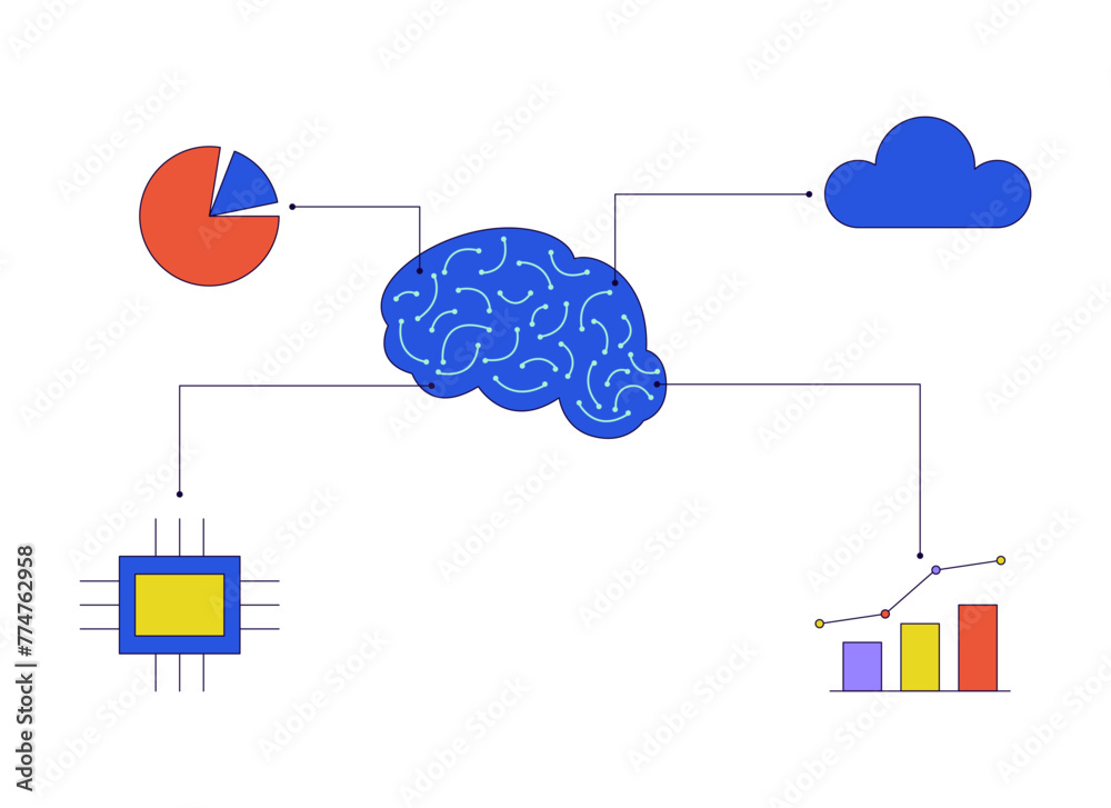 AI brain analysis tools 2D linear cartoon object. Artificial ...
