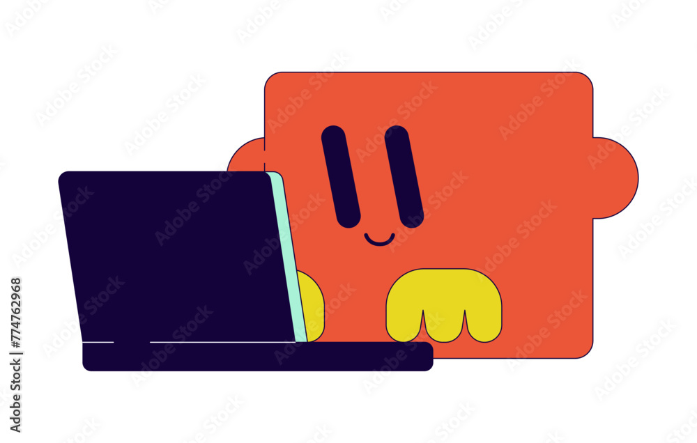 Puzzle piece typing laptop 2D linear cartoon character. Geometric ...