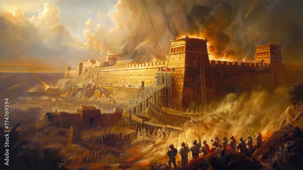 Epic ancient city under siege painting - A dramatic scene of an ancient ...