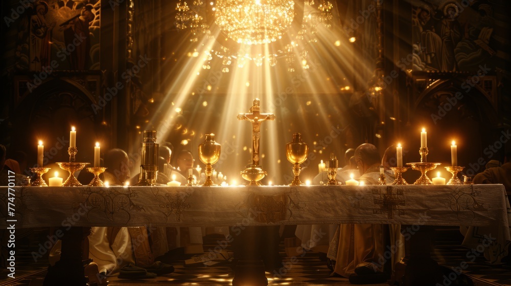 Candles illuminate church altar with crucifix - An ethereal image ...