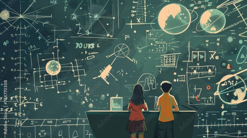 Children observing astronomical chalk drawings - Two children are ...