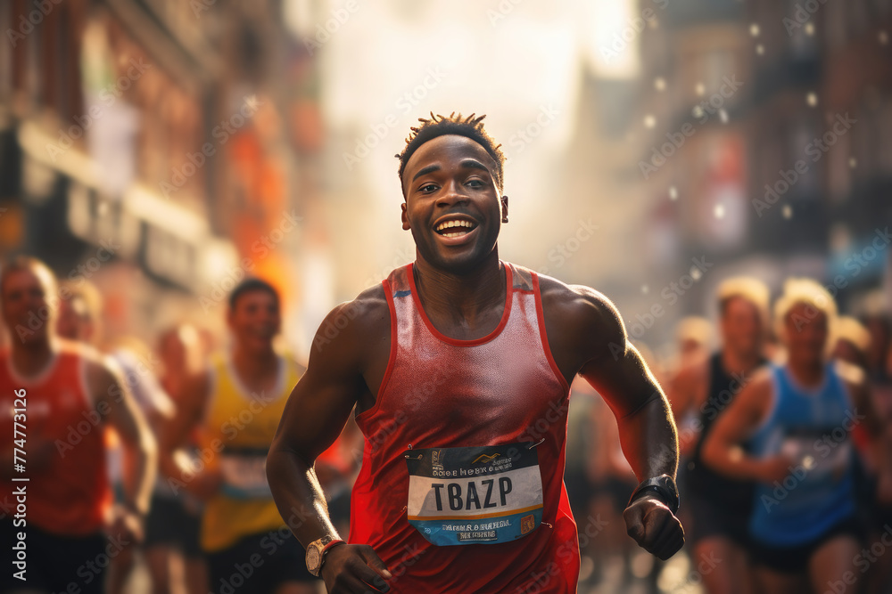 Marathon. Portrait of a happy man running along a city street against ...