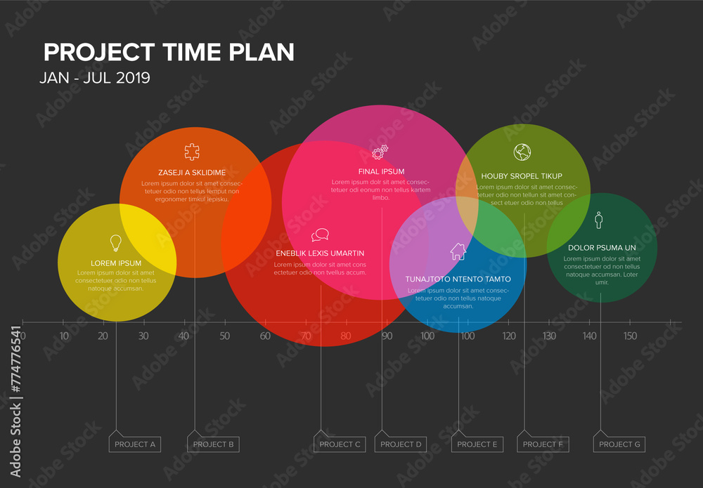 Dark Project Timeline Gantt Graph With Overlay Circle Blocks On Black Background Stock Template