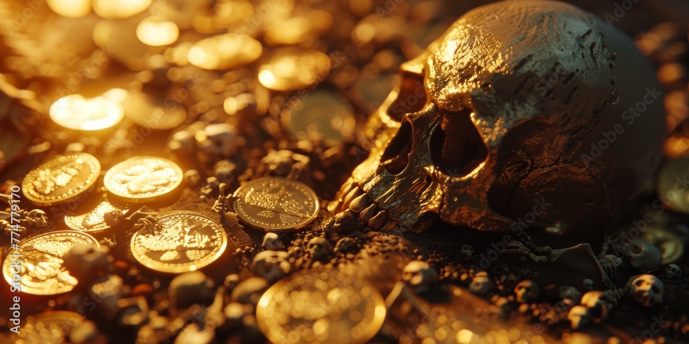 Cursed gold coins texture, shimmering with an unnatural glow amid ...