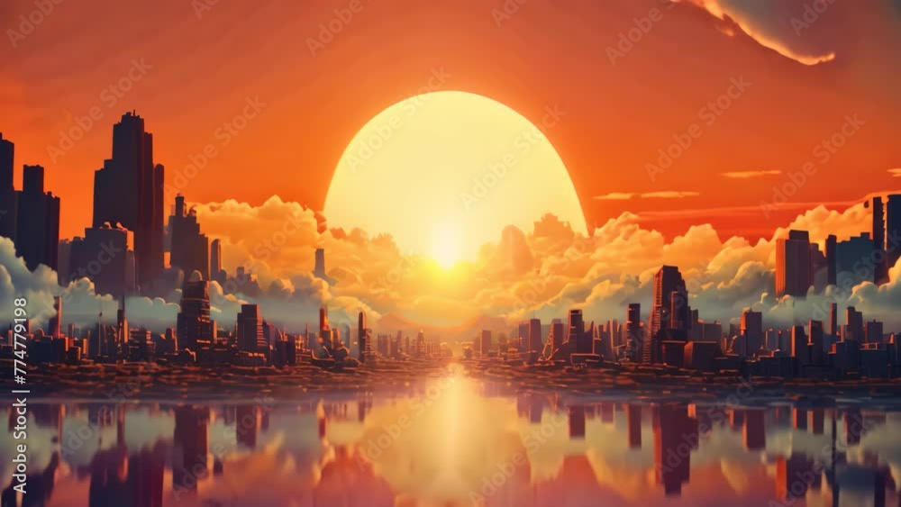 A stunning digital painting depicting a vibrant sunset backdrop ...