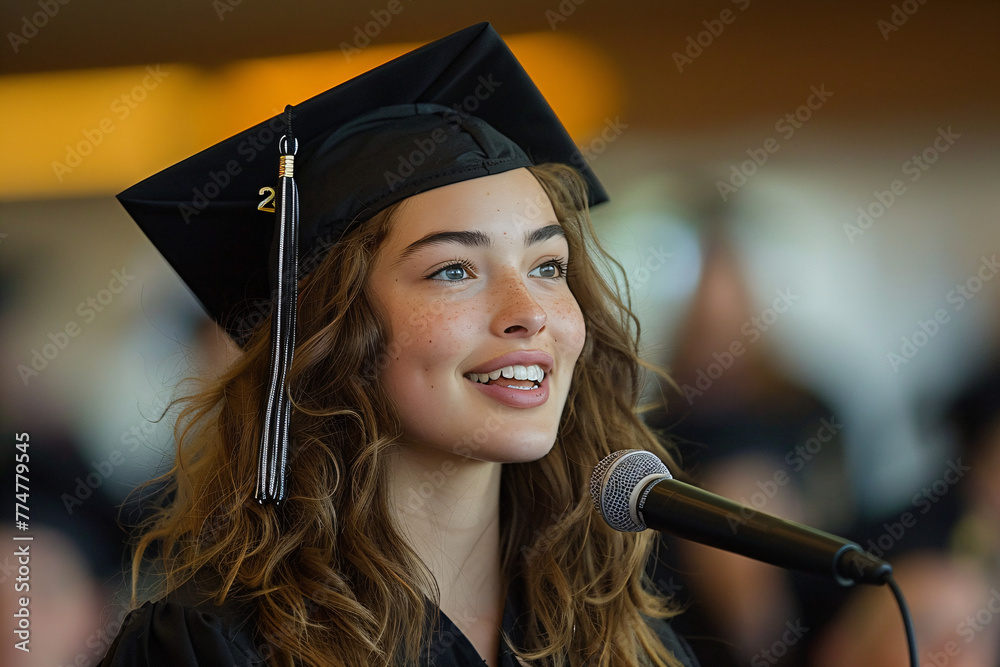 Inspiring young woman in graduation delivering speech at podium ...