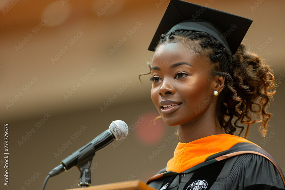 Inspiring young woman in graduation delivering speech at podium ...