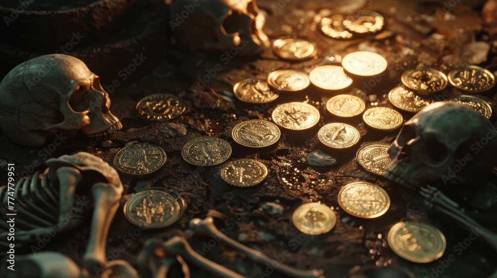 Cursed gold coins texture, shimmering with an unnatural glow amid ...