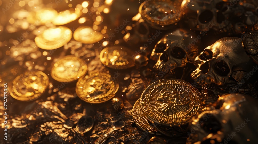 Cursed gold coins texture, shimmering with an unnatural glow amid ...