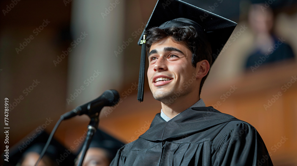 Confident male graduate delivering speech at podium. Academic success ...