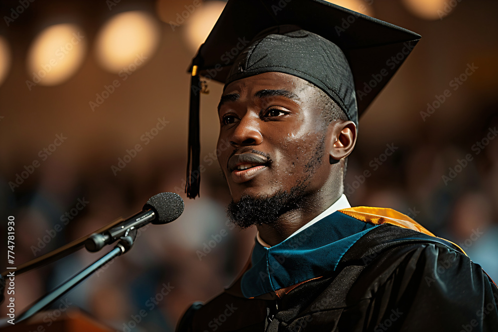Confident male graduate delivering speech at podium. Academic success ...