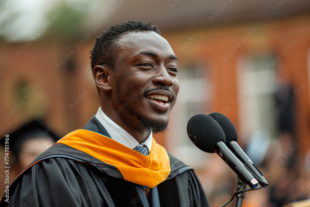 Confident male graduate delivering speech at podium. Academic success ...