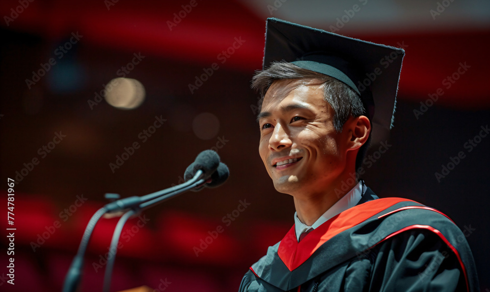 Confident male graduate delivering speech at podium. Academic success ...
