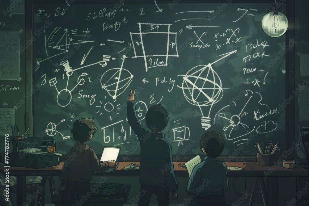 Kids learning physics in a chalk-drawn classroom - A group of kids are ...