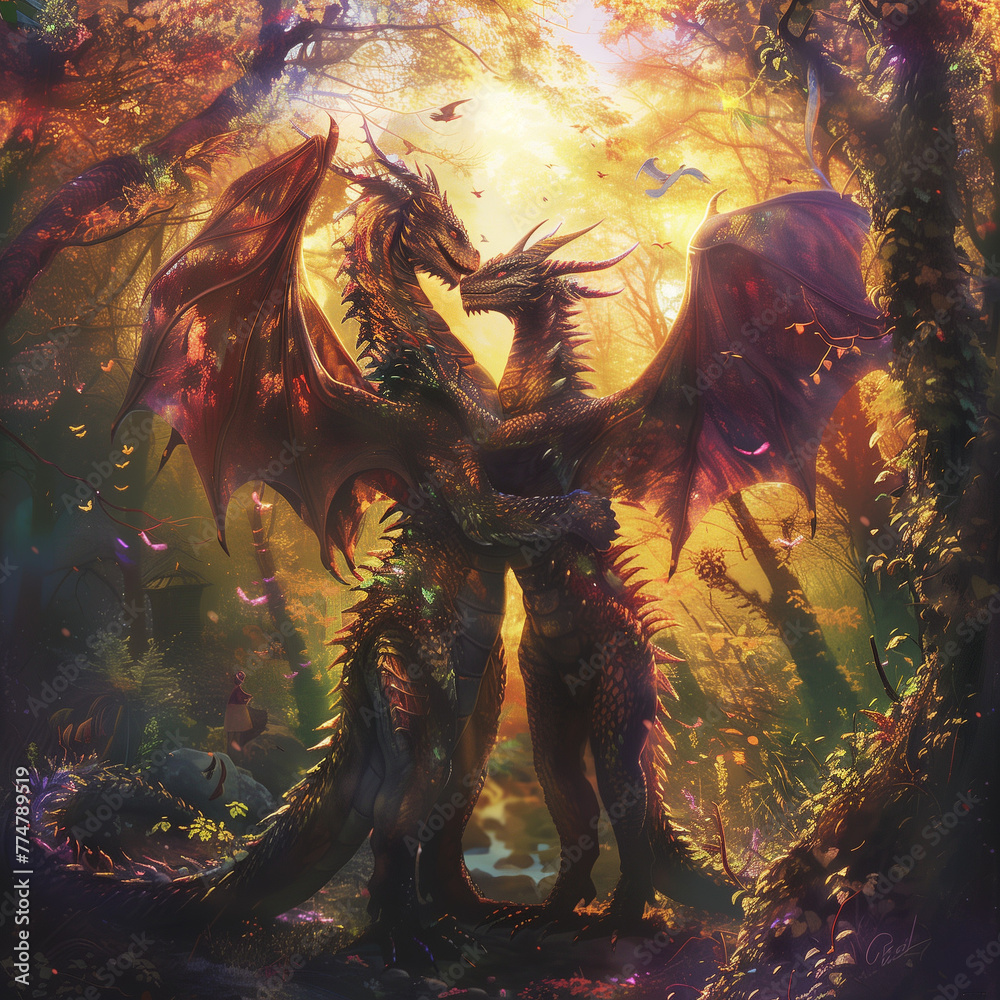2 dragons hugging - in the middle of a forest in the beautiful sunlight ...