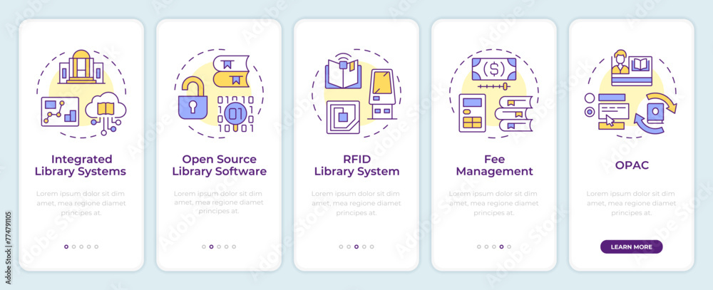 Library software onboarding mobile app screen. Books managing ...