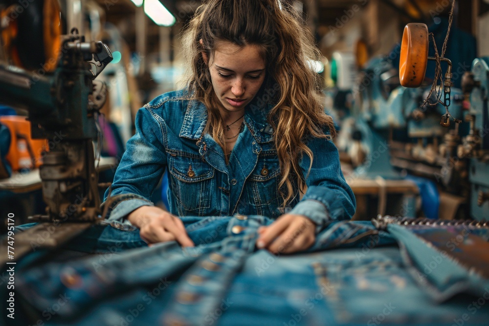Female repairs stitches recycles material from previous denim garments ...