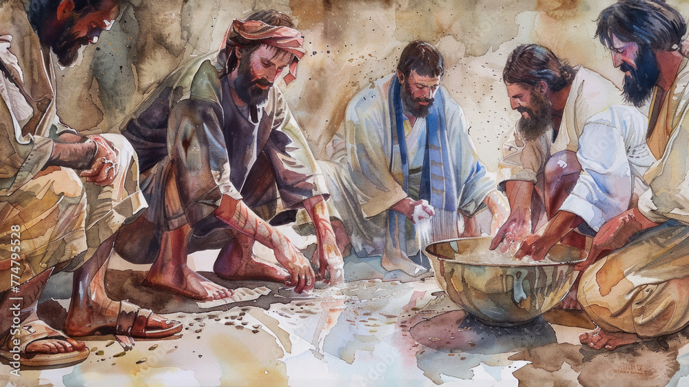 Group performing a foot-washing biblical ritual - This watercolor ...