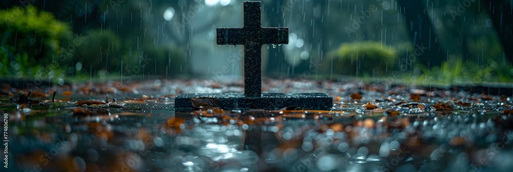 antique cross symbol cemetery stone symbol wet, A headstone in the ...