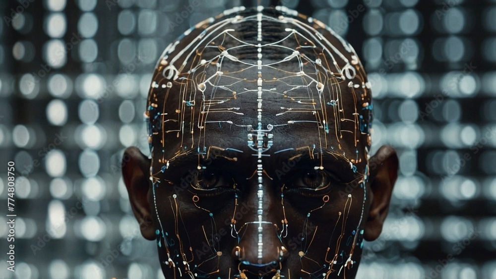 A bald man's head portrait with digital wireframe of lines and dots ...