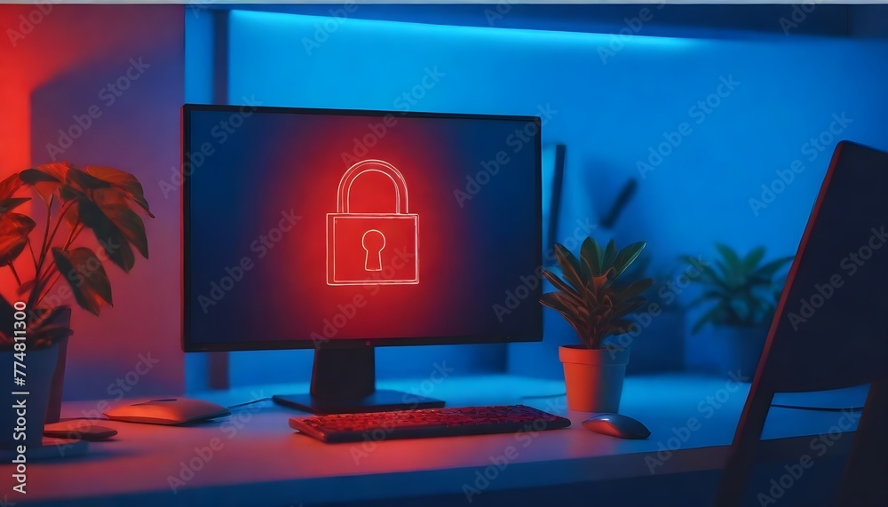 Computer monitor on a desk displaying a lock icon with a digital and ...