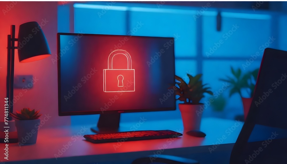 Computer monitor on a desk displaying a lock icon with a digital and ...