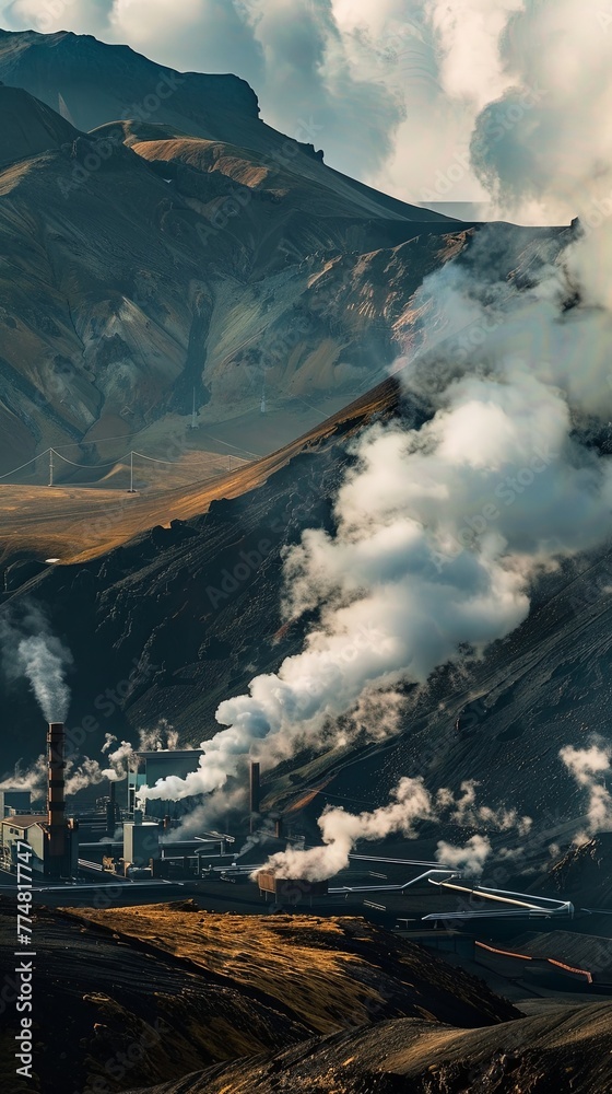 A panoramic shot of a geothermal power plant nestled in a geologically ...