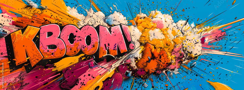 Colorful KABOOM! comic book explosion bubble with sound effect, dynamic lines, and burst ...