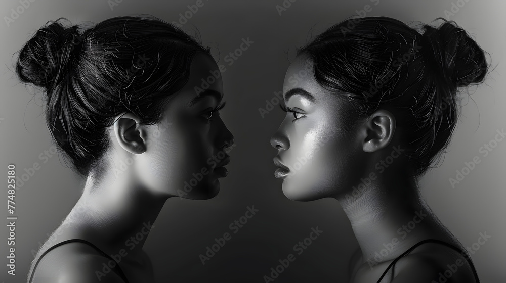 Ilustrace „a black and white photo of two women facing each other with ...