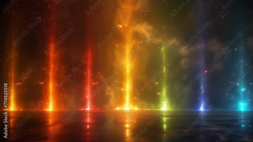 A dark starry night sky with seven bright orbs of light positioned in a ...